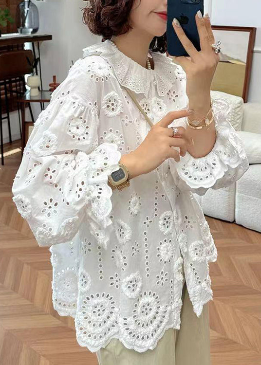French Handmade White Puff Sleeve Hollow Out Floral Cotton Top Blouse ...