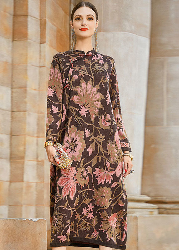 French Khaki Print Original Design Oriental Knit Long style outerwear ...