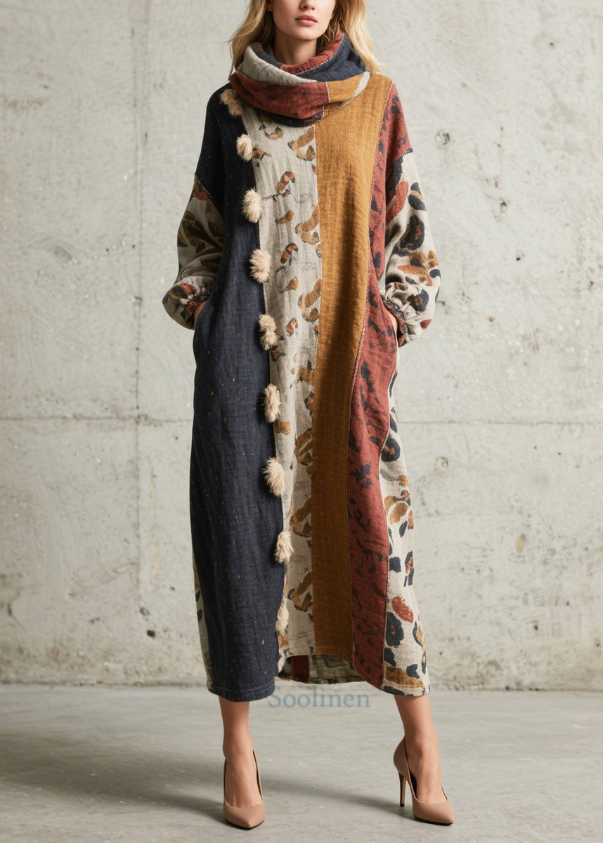 French Oversized Patchwork Fuzzy Ball Decorated Long Dresses Fall ...