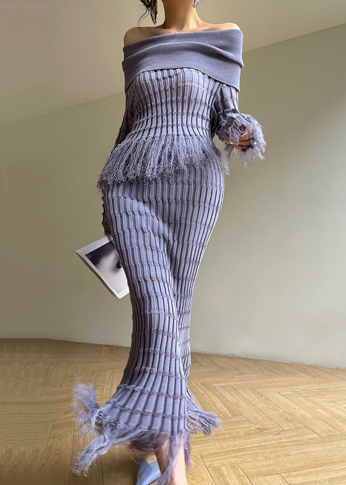 French Purple Slash Neck Tasseled Knit Two Piece Suit Set Spring – SooLinen