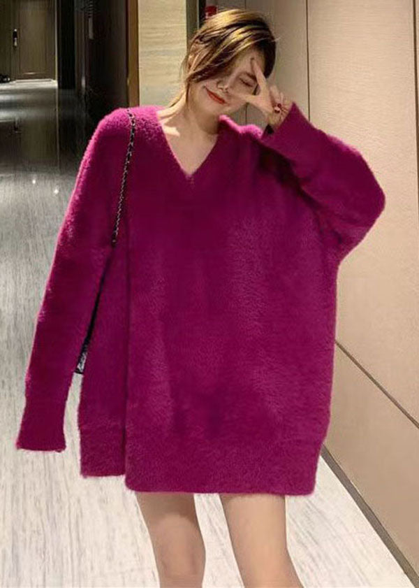 French Purple V Neck Oversized Mink Hair Knitted Sweaters Winter – SooLinen