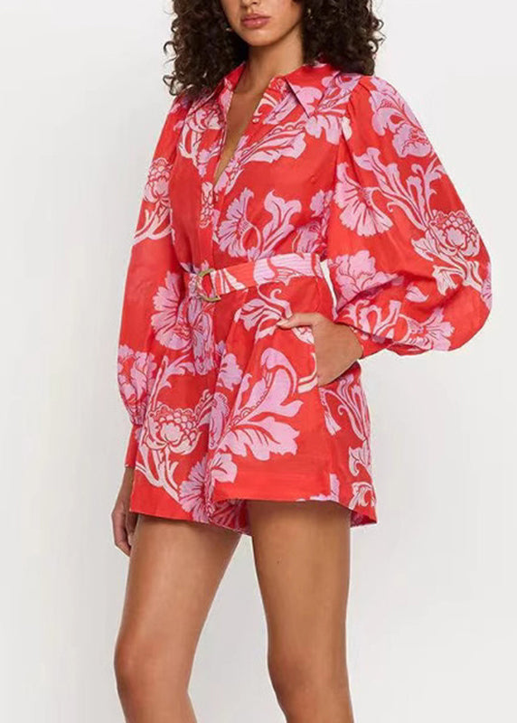 French Red Peter Pan Collar Print Sashes Jumpsuit Fall – SooLinen
