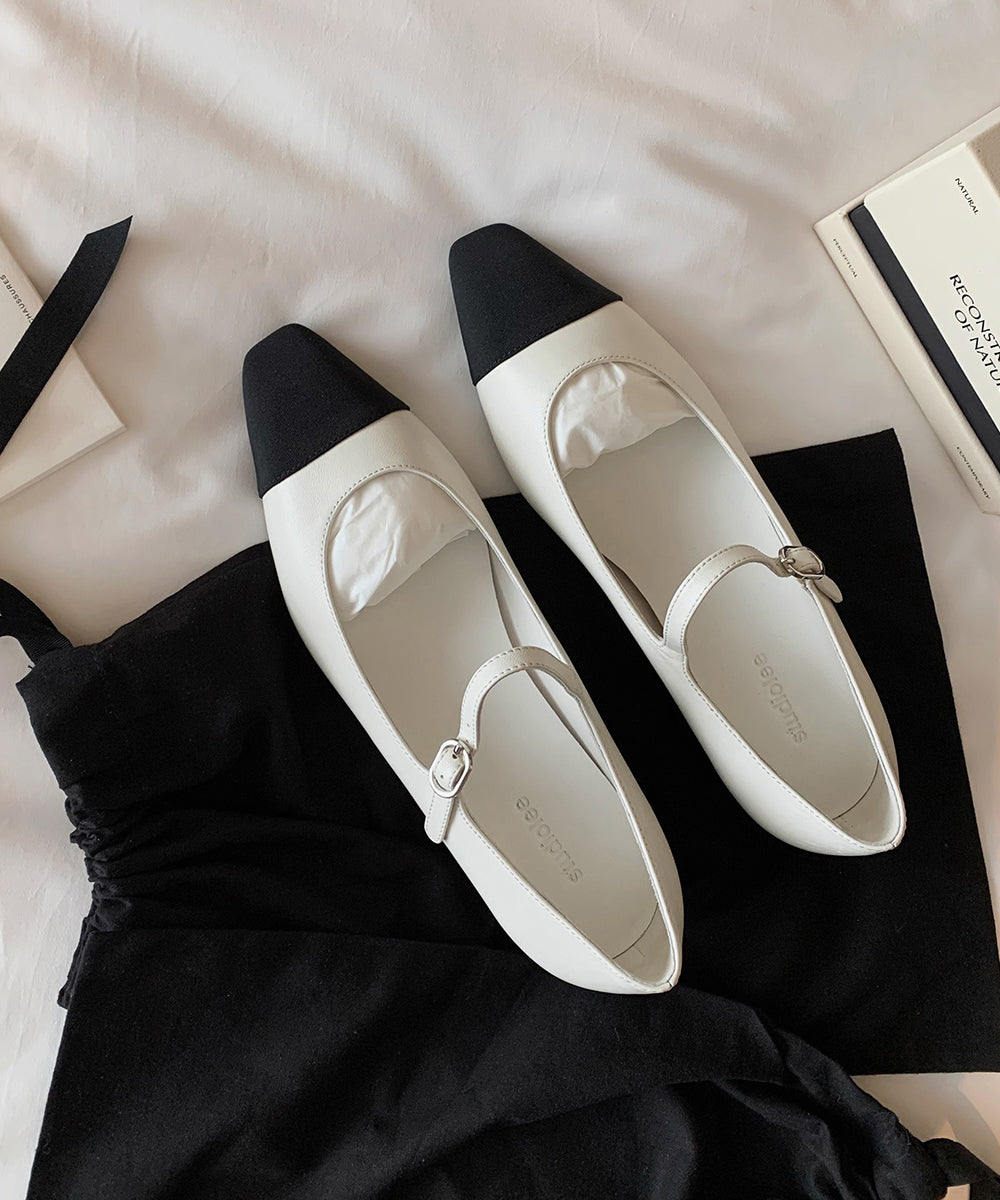 French Silver Square Toe Buckle Strap Splicing Flat Shoes – SooLinen
