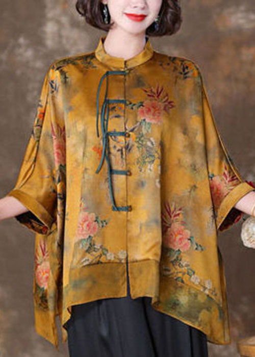 French Yellow Stand Collar Oversized Patchwork Print Silk Shirts Batwi ...