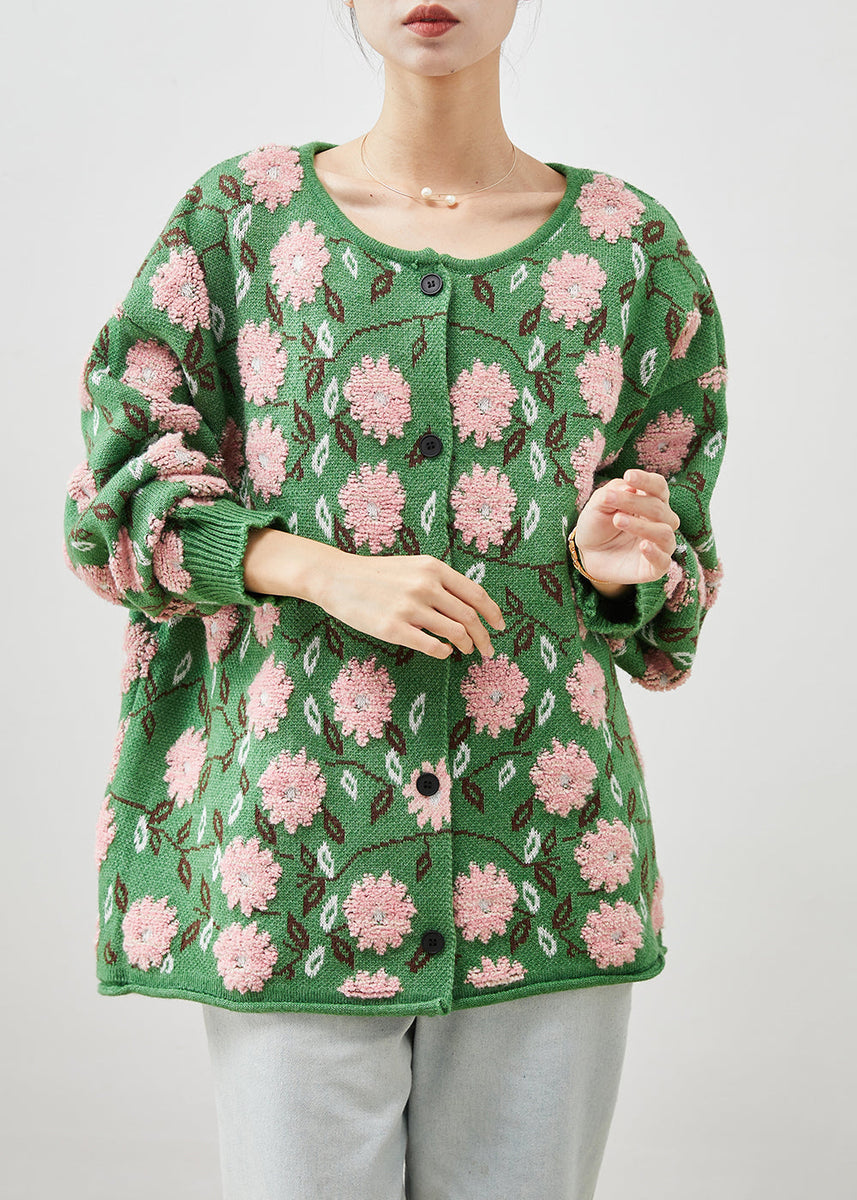 Green Floral Jacquard Cozy Knit Cardigans Oversized Winter – SooLinen