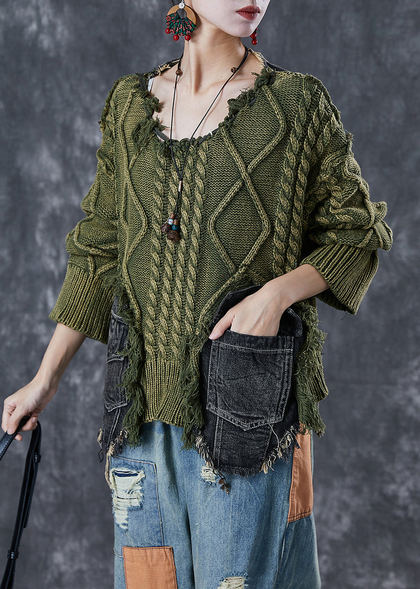 Green Patchwork Denim Knit Ripped Sweaters Asymmetrical Winter – SooLinen