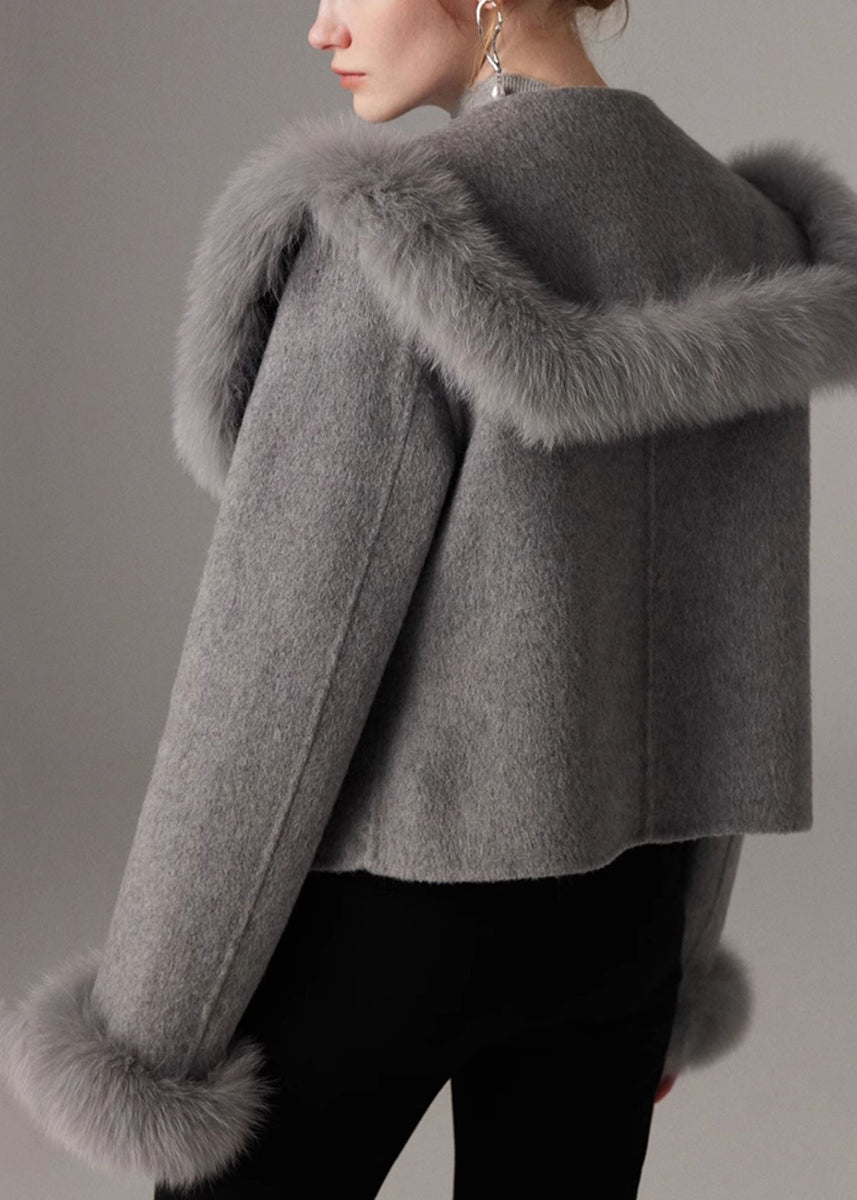 Grey Patchwork Wool Coat Peter Pan Collar Double Breast Winter – SooLinen