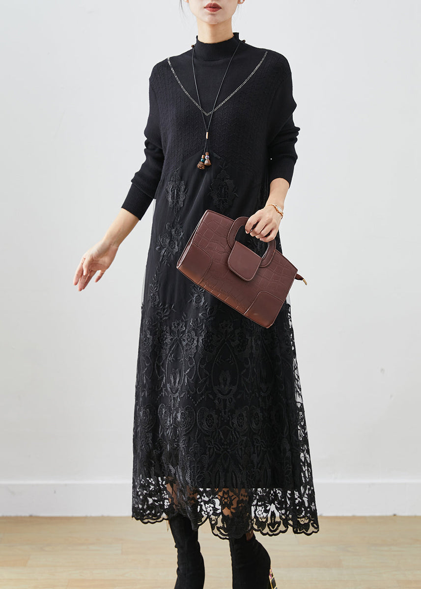 Handmade Black Embroidered Patchwork Knit Dress Fall – SooLinen