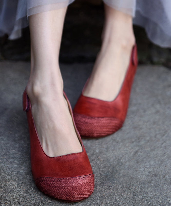Handmade Red Cowhide Leather Comfy Splicing Flat Shoes – SooLinen
