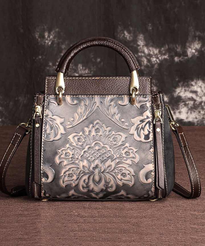 Handmade Retro Coffee Embossed Calf Leather Tote Handbag – SooLinen