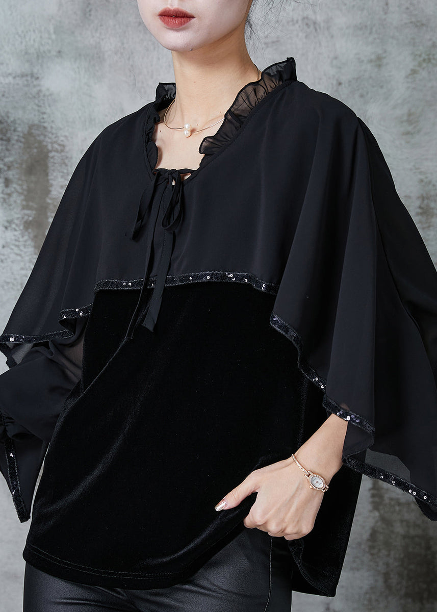 Italian Black Ruffled Patchwork Silk Velour Top Cloak Sleeves – SooLinen