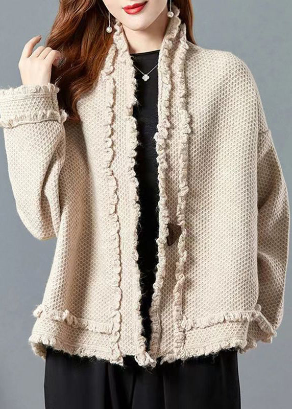 Italian Camel V Neck Ruffled Patchwork Knit Cardigans Spring – SooLinen