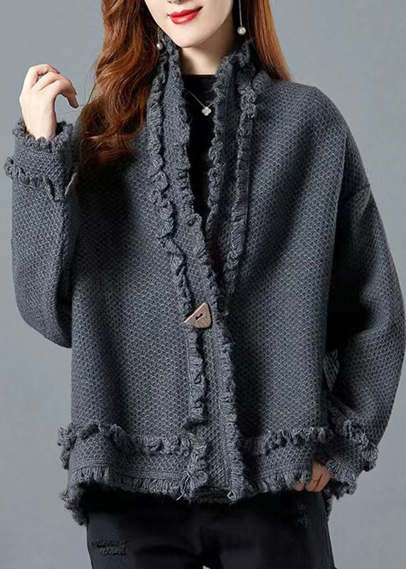 Italian Camel V Neck Ruffled Patchwork Knit Cardigans Spring – SooLinen