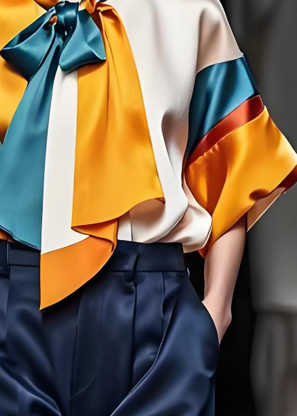 Italian Colorblock Bow Patchwork Silk Blouse Top Summer – SooLinen