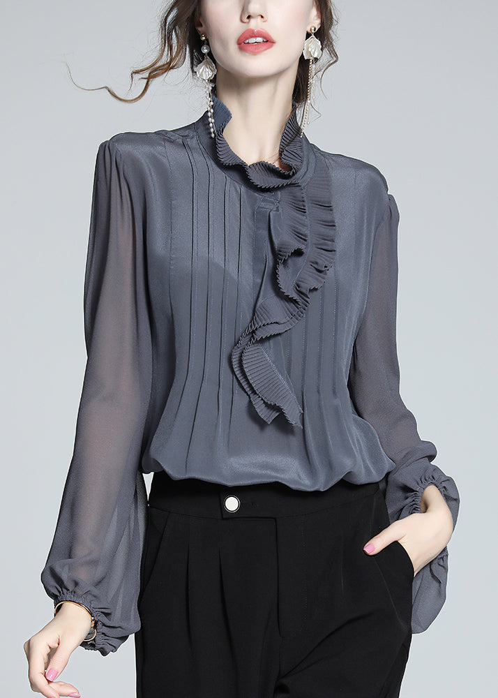 Italian Grey Ruffled Solid Silk Blouses Fall – SooLinen