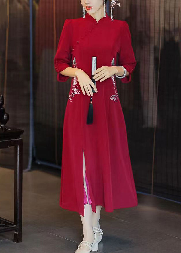 Italian Red Embroidered Button Side Open Silk Long Dresses Fall – SooLinen