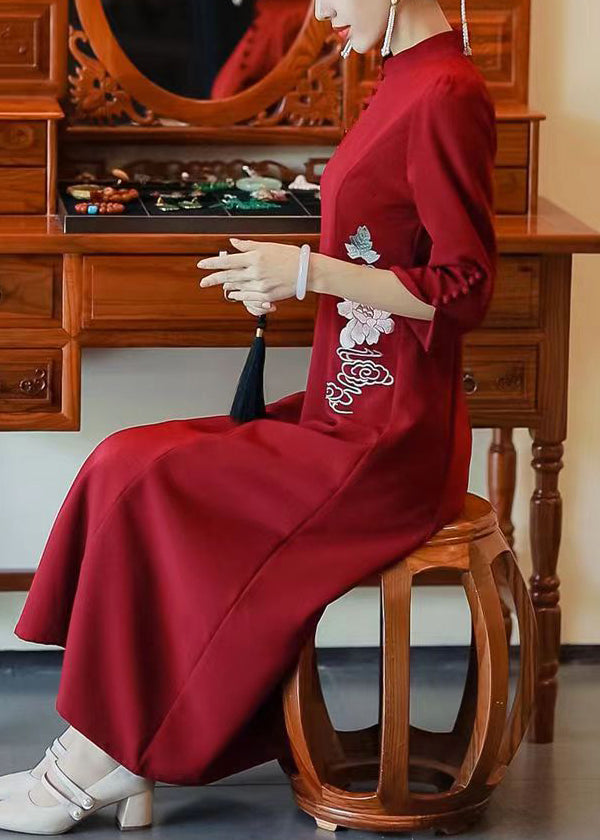 Italian Red Embroidered Button Side Open Silk Long Dresses Fall – SooLinen