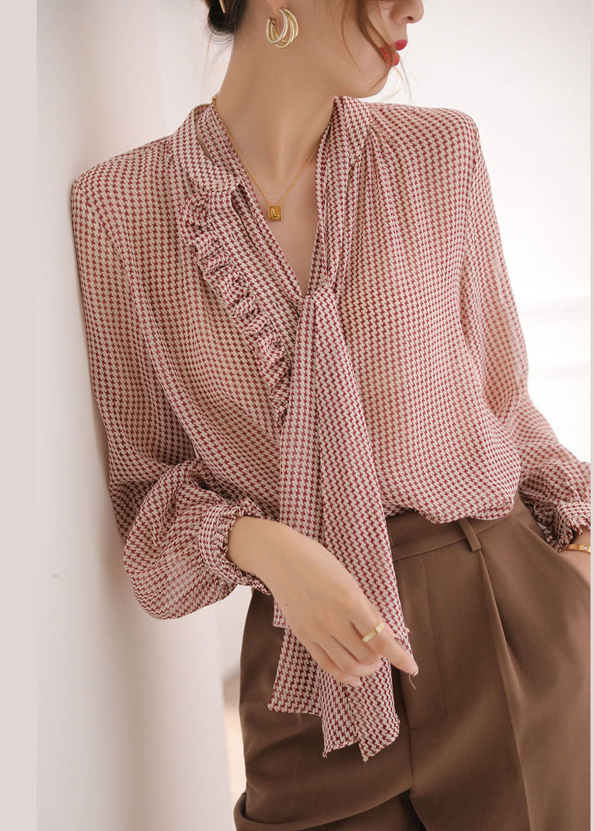 Italian Red V Neck Plaid Ruffled Fine Silk Shirt Tops Spring – SooLinen