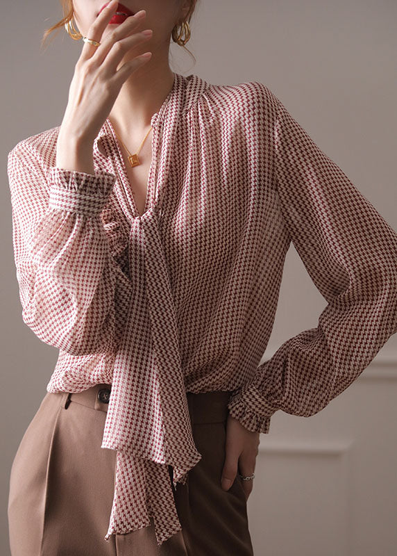 Italian Red V Neck Plaid Ruffled Fine Silk Shirt Tops Spring – SooLinen