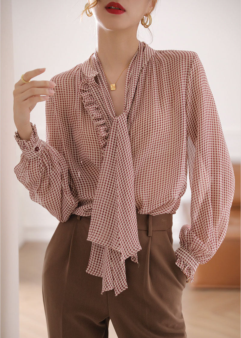 Italian Red V Neck Plaid Ruffled Fine Silk Shirt Tops Spring – SooLinen