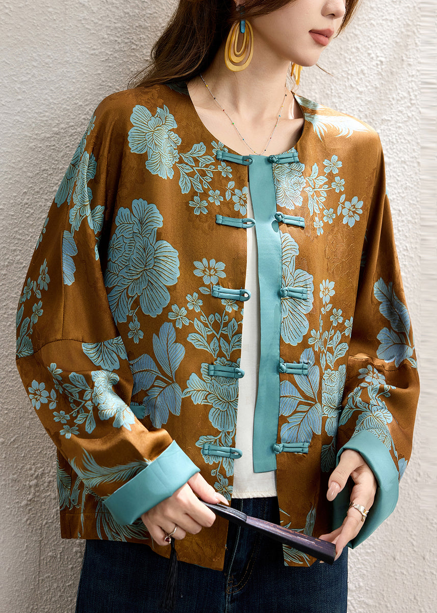 Jacquard Brown Chinese Button Patchwork Silk Coats Fall – SooLinen