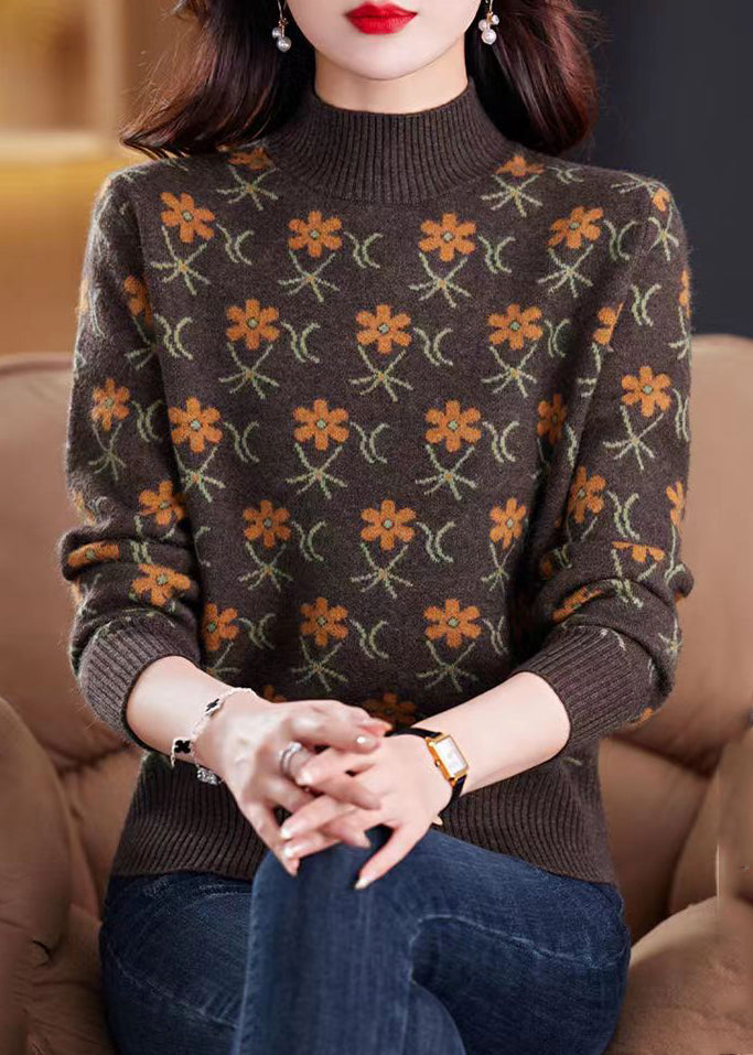 Jacquard Coffee Turtleneck Cozy Knit Sweaters Spring – SooLinen