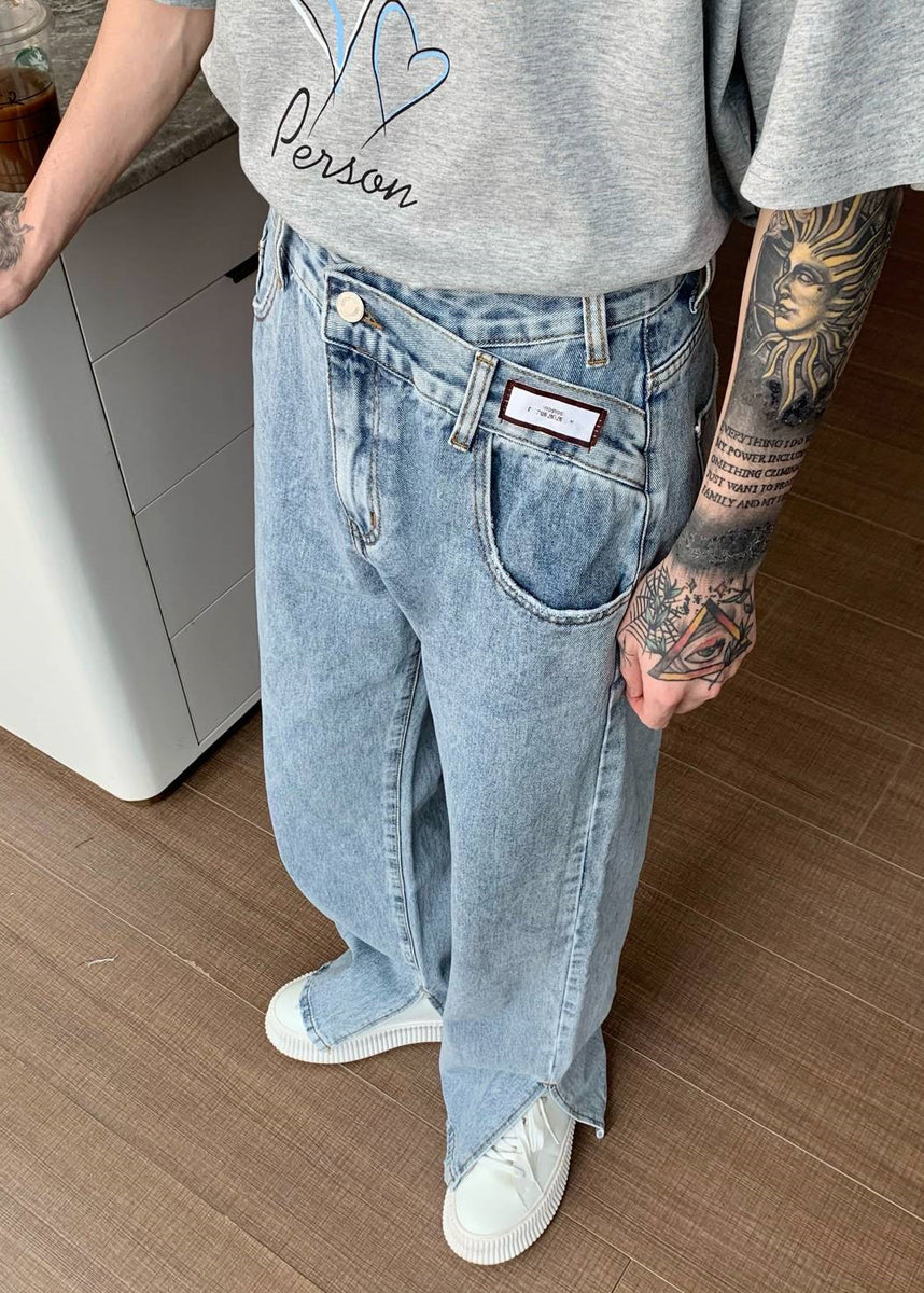 Japanese Style Light Blue Pockets Denim Men Flare Bottoms Fall – SooLinen