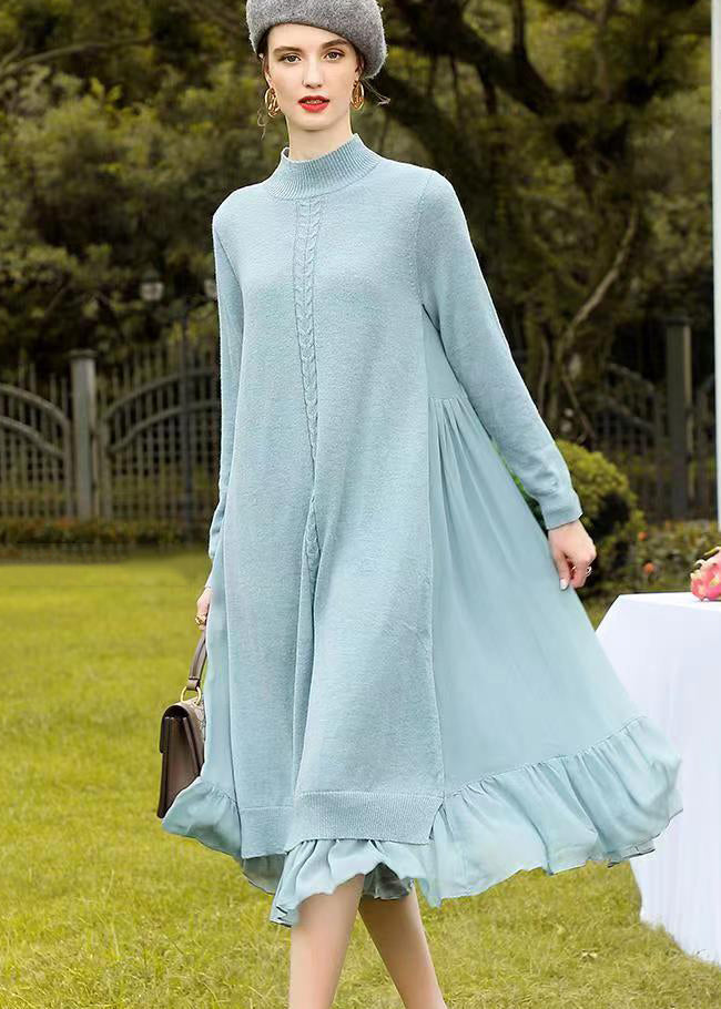 Light Blue Patchwork Woolen Dress Wrinkled Stand Collar Fall – SooLinen
