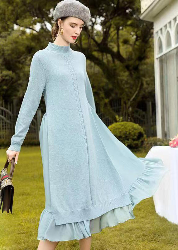 Light Blue Patchwork Woolen Dress Wrinkled Stand Collar Fall – SooLinen