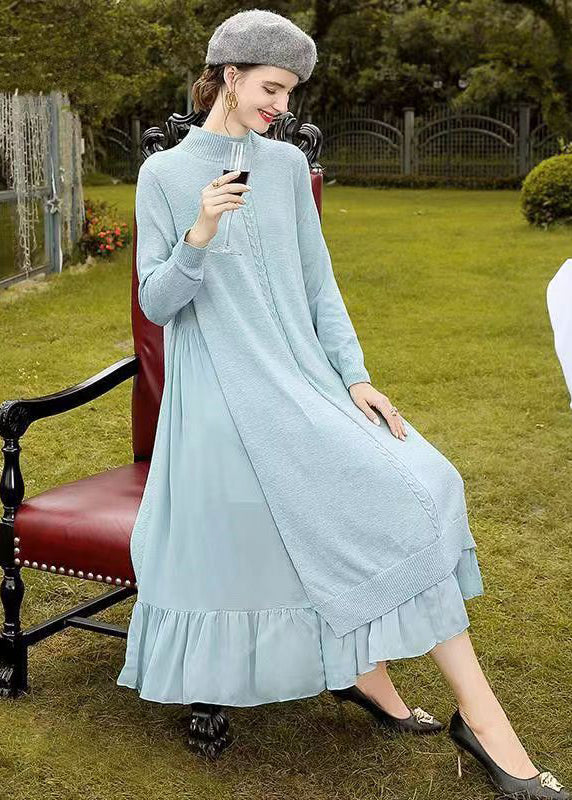 Light Blue Patchwork Woolen Dress Wrinkled Stand Collar Fall – SooLinen