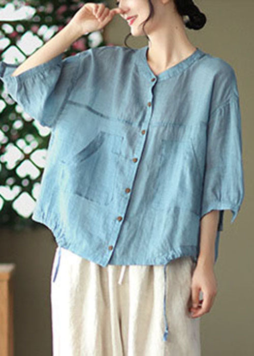 Light Blue Pockets Linen Shirt Tops Solid Color Drawstring Bracelet Sl ...