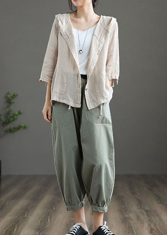 Light Khaki Pockets Patchwork Linen Hooded Coat Button Summer – SooLinen