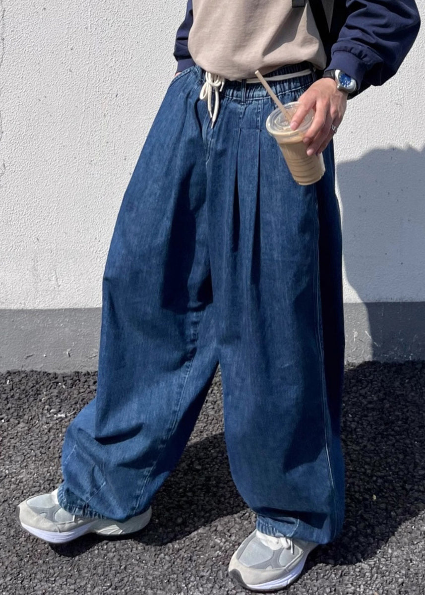 Loose Blue Solid Elastic Waist Denim Mens Pants Summer – SooLinen
