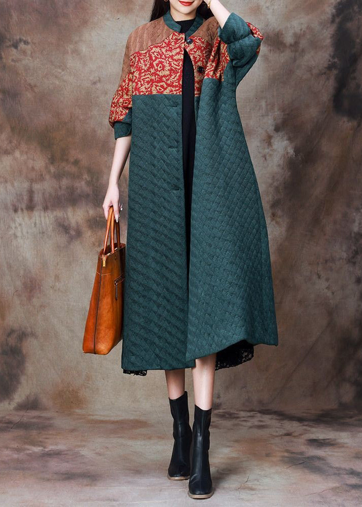 Loose Button Patchwork Cotton Filled Long Trench Coat Spring – SooLinen