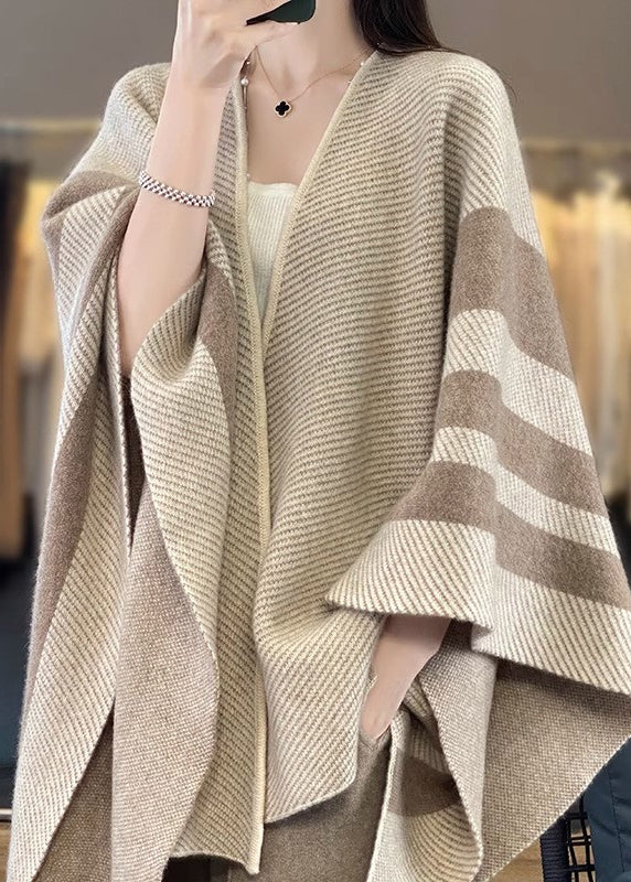 Loose Camel V Neck Striped Patchwork Wool Cape Cardigans Fall – SooLinen