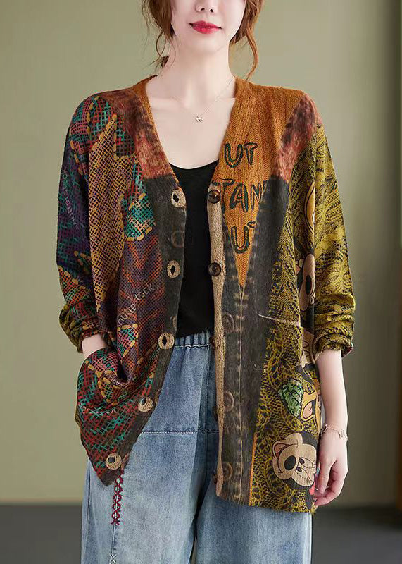 Loose Mitch Button Print Patchwork Cotton Knit Coat Fall – SooLinen