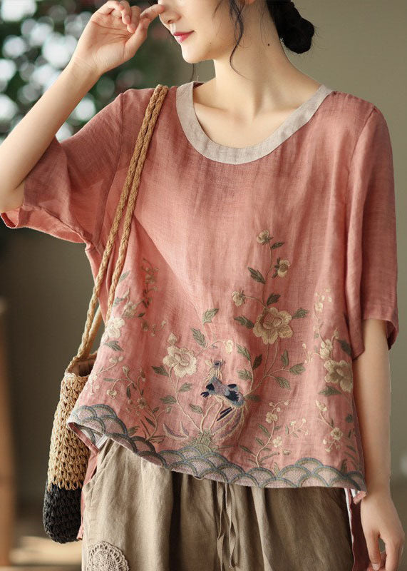 Loose Pink O-Neck Embroidered Linen Tanks Short Sleeve – SooLinen