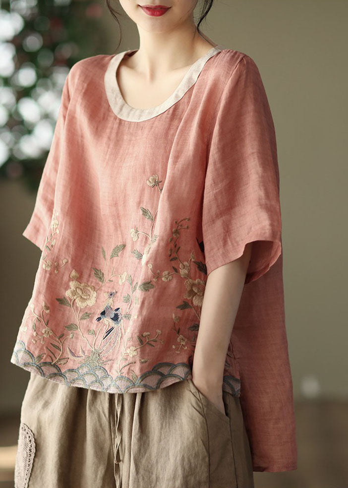 Loose Pink O-Neck Embroidered Linen Tanks Short Sleeve – SooLinen