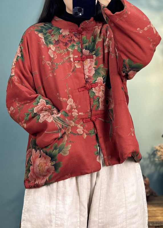 Loose Red Button Print Cotton Filled Coats Long Sleeve – SooLinen