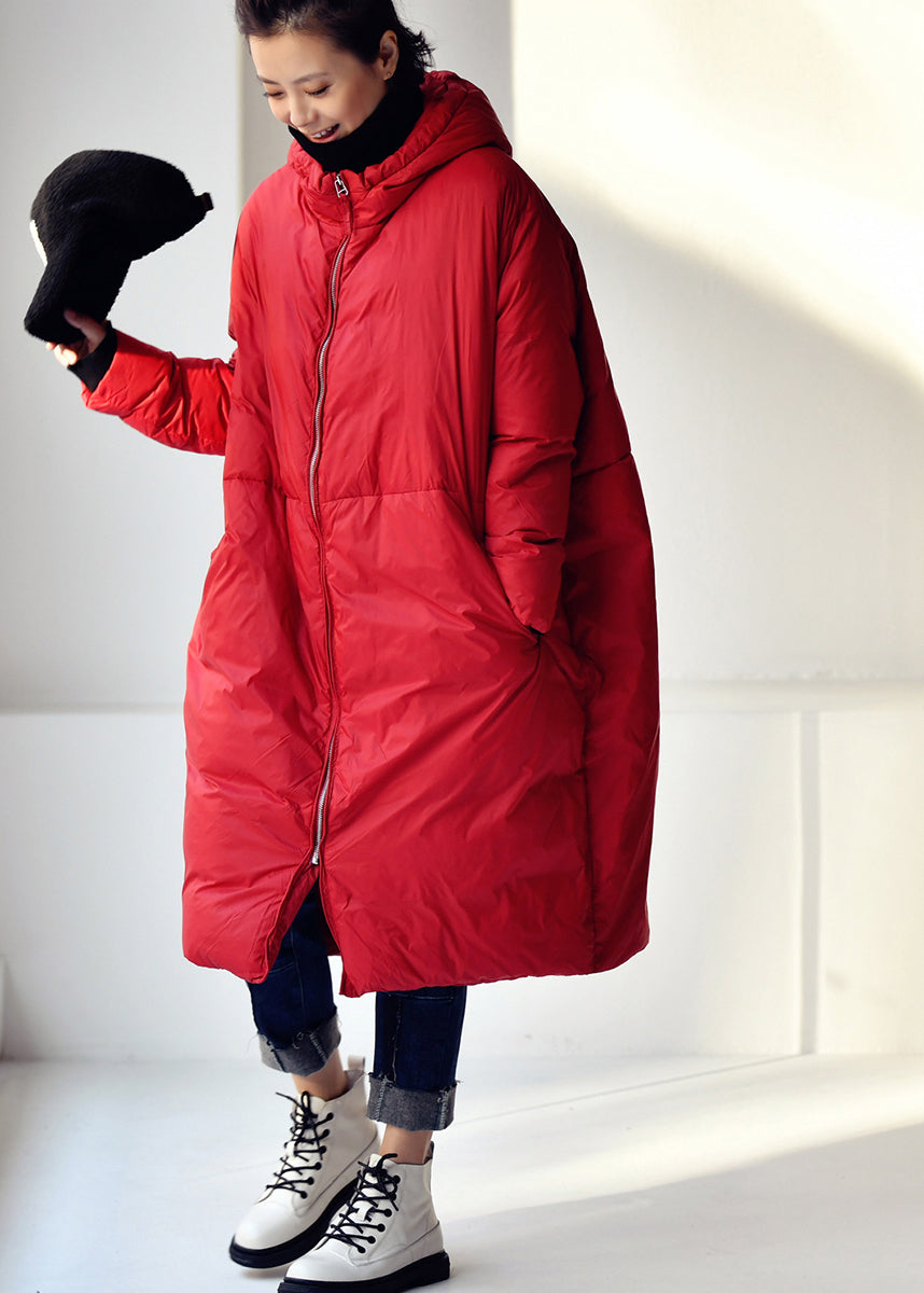 Loose Red Zippered Long Hooded Duck Down Filled Down Coat Winter – SooLinen
