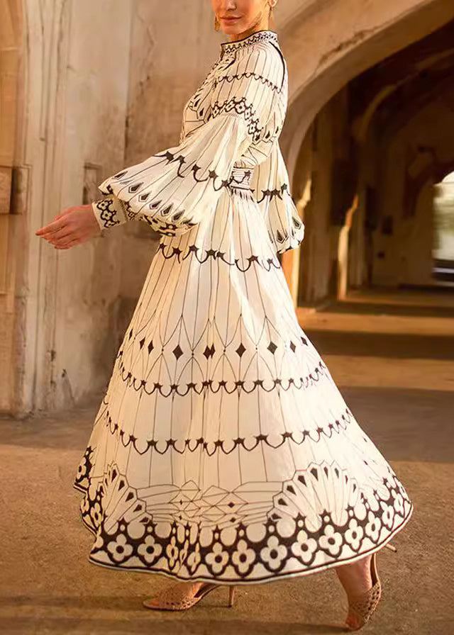 Loose White Print Sashes Cotton Maxi Dress Lantern Sleeve – SooLinen