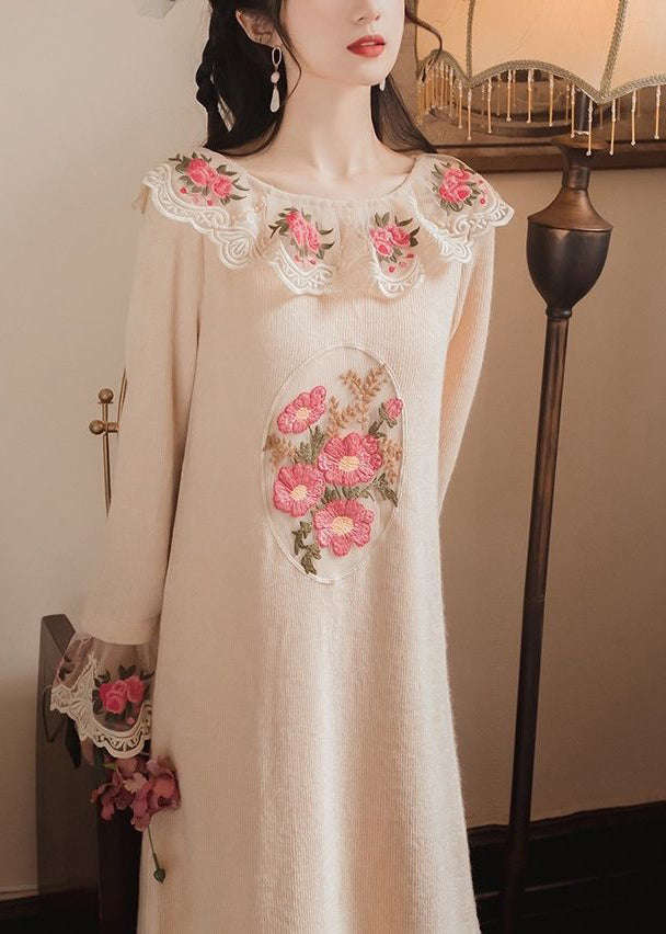 Modern Apricot Embroidered Floral Patchwork Tulle Knit Long Sweater Sp ...