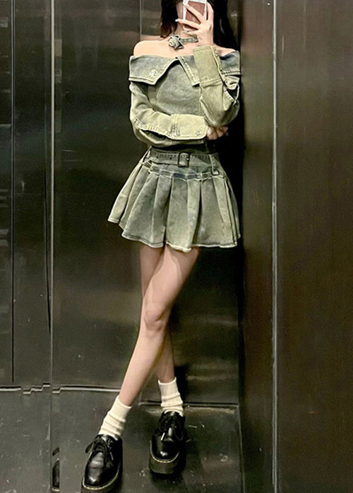 Modern Blue Slash Neck Wrinkled Denim Mini Dresses Spring – SooLinen