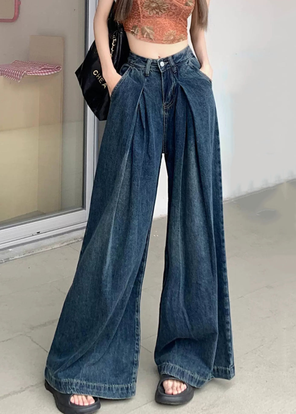 Modern Blue Wrinkled Pockets Denim Wide Leg Pants Summer – SooLinen