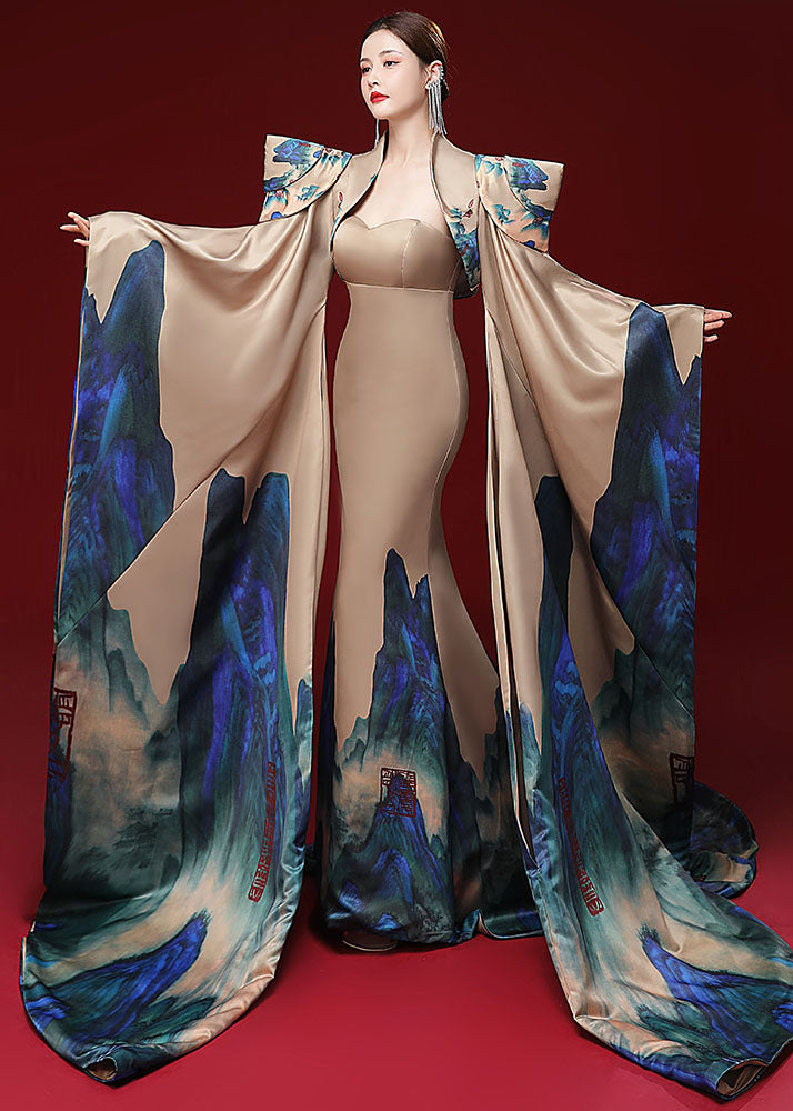 Modern Champagne Patchwork Silk Mantle And Bustier Fishtail Dress Two ...
