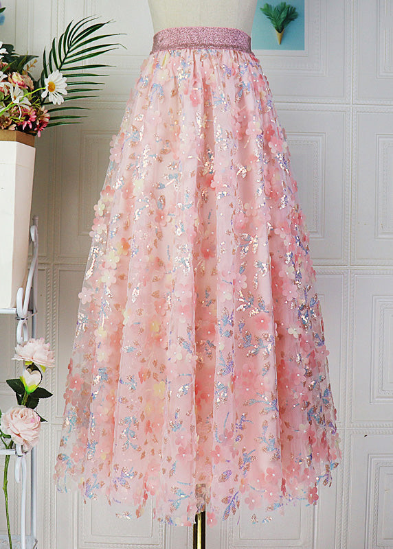 Modern Pink Embroideried Floral High Waist Sequins Tulle Maxi Skirt Sp ...