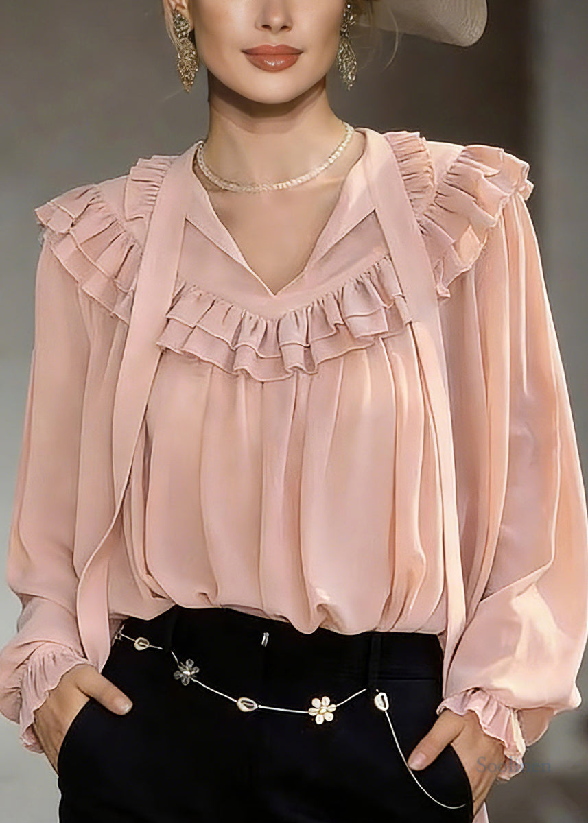 Modern Pink V Neck Ribbon Solid Shirts Lantern Sleeve – SooLinen