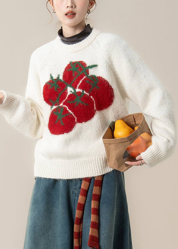 Modern White Oversized Tomato Print Knit Short Sweater Winter – SooLinen