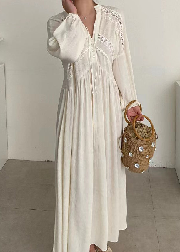 Modern White V Neck Patchwork Lace Maxi Dresses Spring – SooLinen