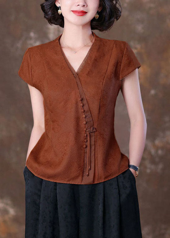 Natural Caramel V Neck Tasseled Patchwork Silk T Shirts Summer – SooLinen